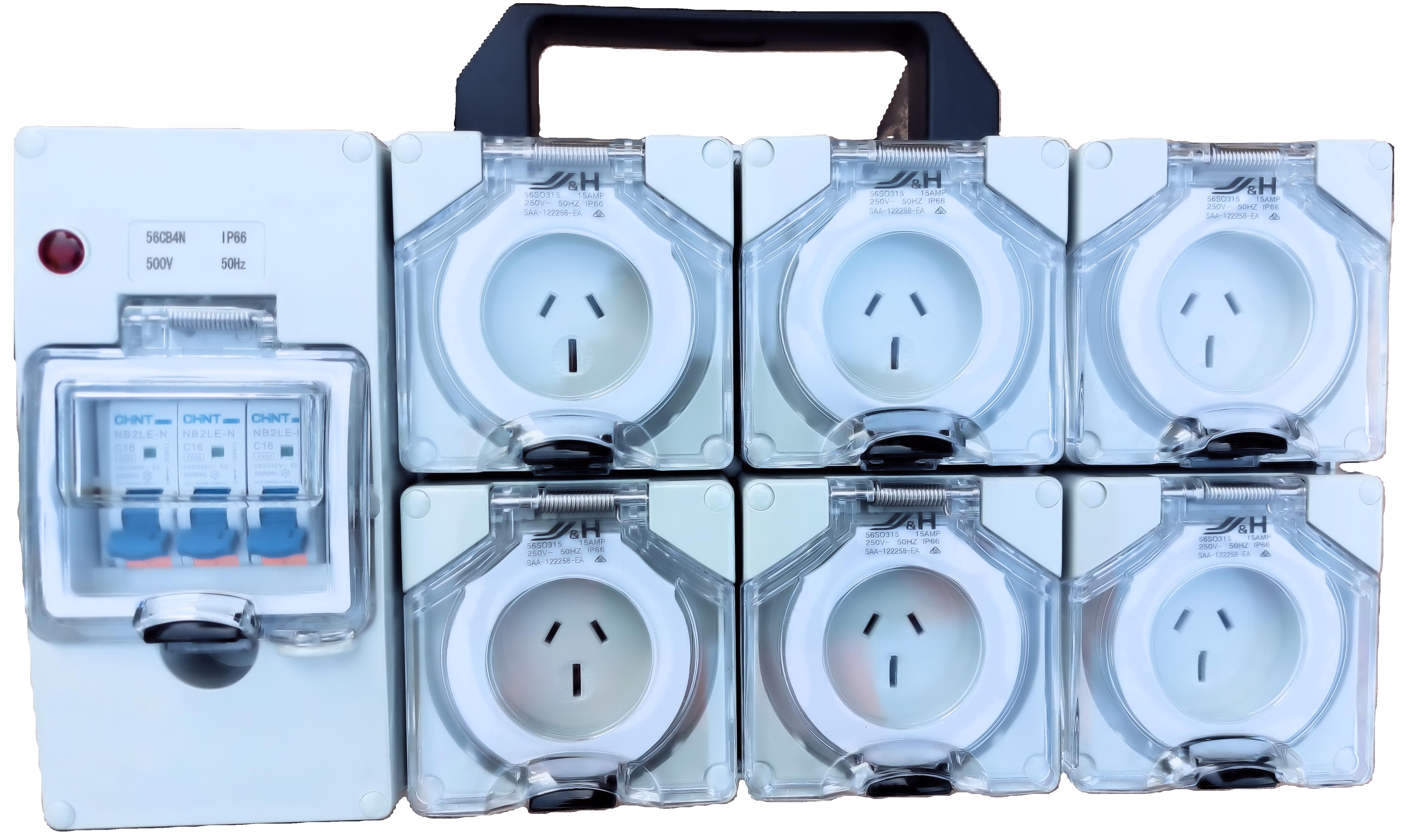 3 Phase to single phase adapter - 20A 3 phase supply with 6x15A outlets.
