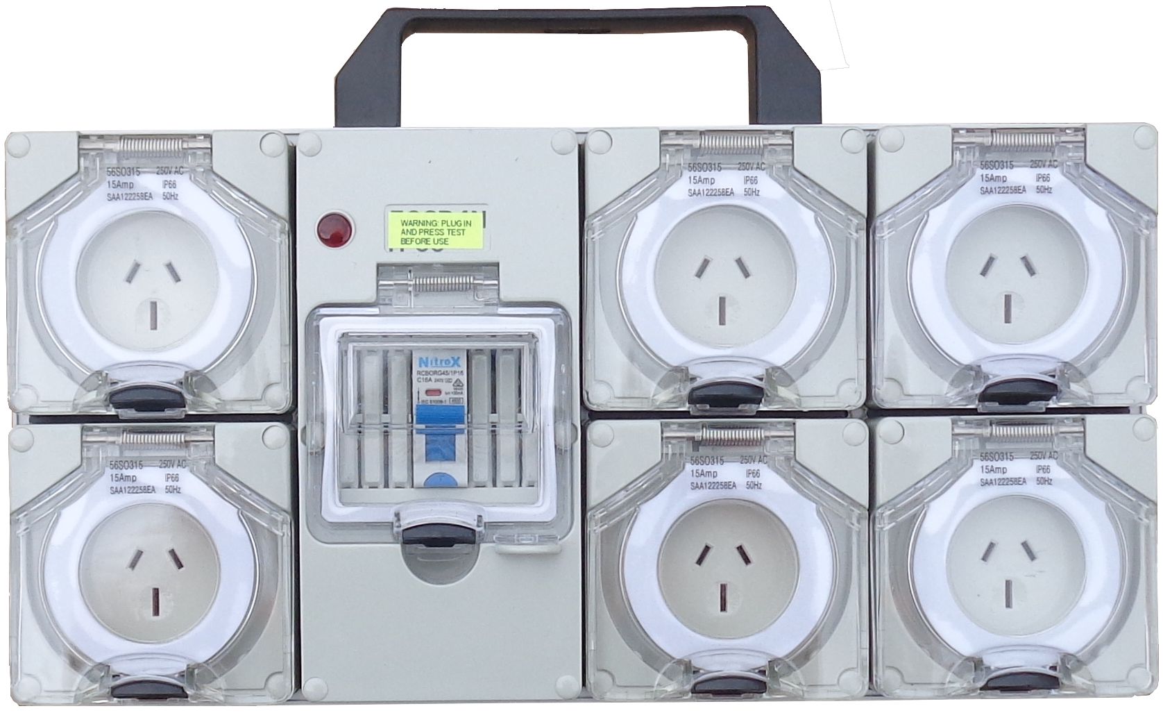 Industrial Power board-240V,16 Amp with 4x16A RCBO protected outlets.