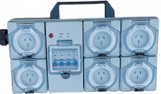 Industrial Power board - 32A 3 phase to 6x15A outlets, 4 cct